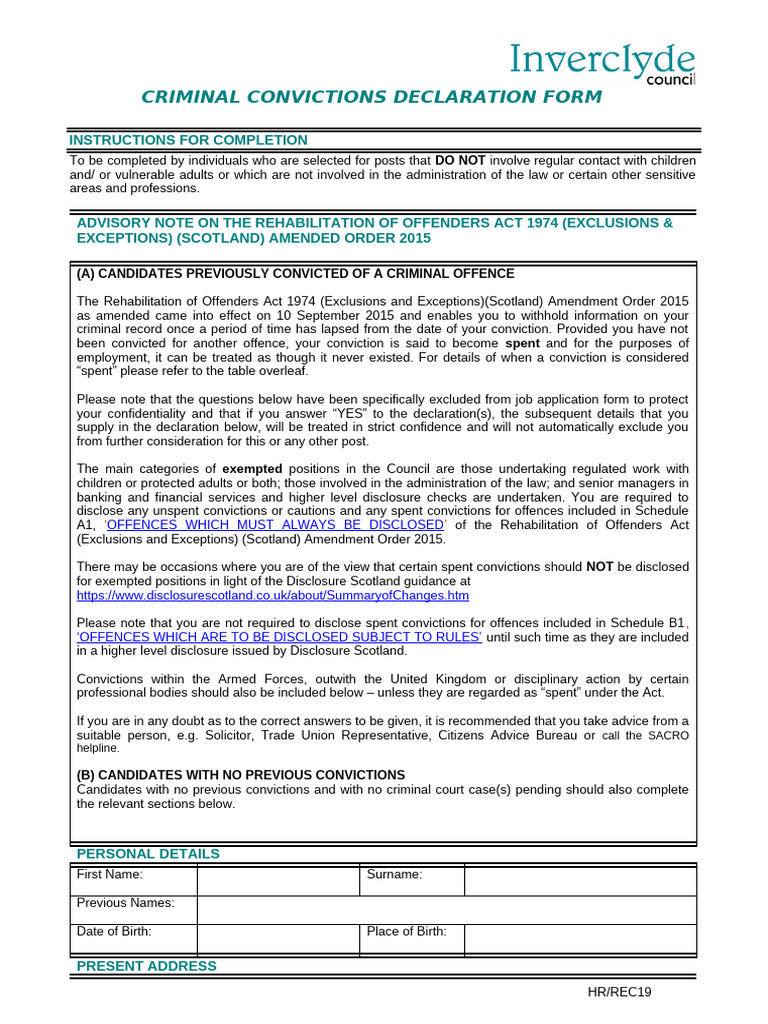 REC19 Criminal Convictions Declaration Form | PDF | Misconduct | Criminal Law