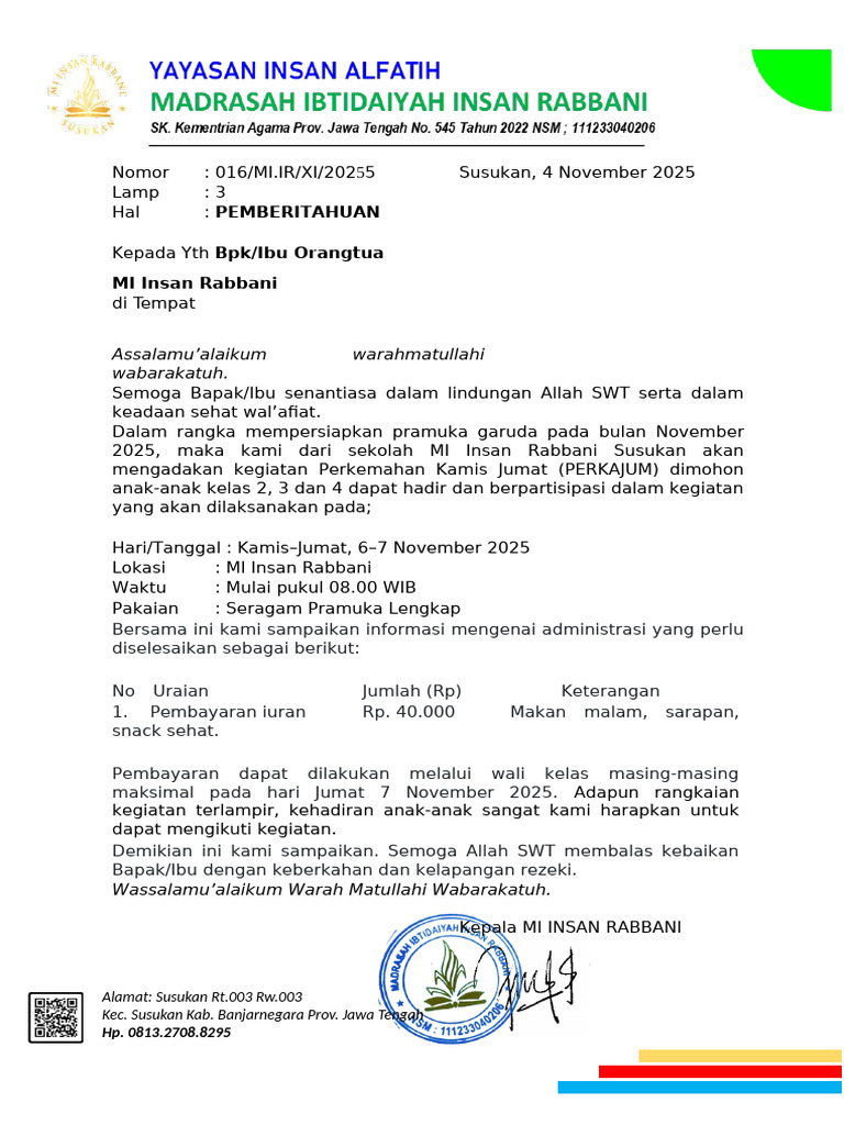 Pemberitahuan Bpk/Ibu Orangtua MI Insan Rabbani: Assalamu'alaikum ...
