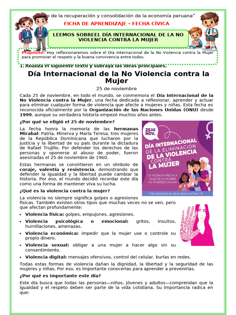 Ficha-fecha Cívica-25 de Noviembre Día Internacional de La No Violencia ...