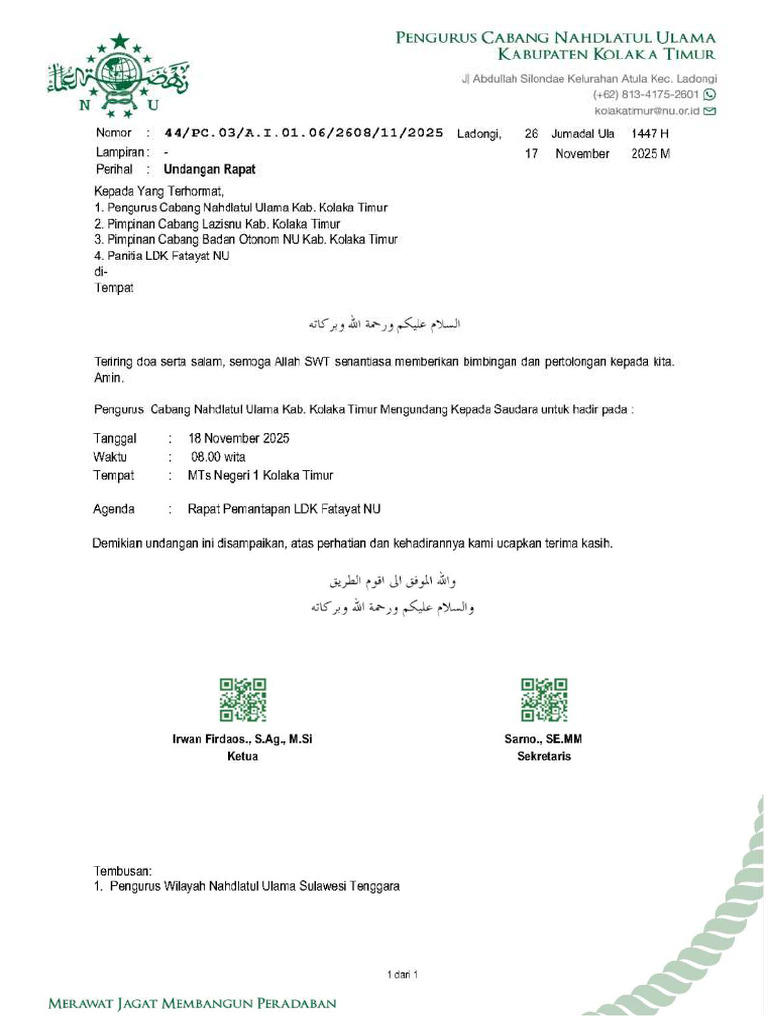 Undangan Rapat LDK Fatayat | PDF