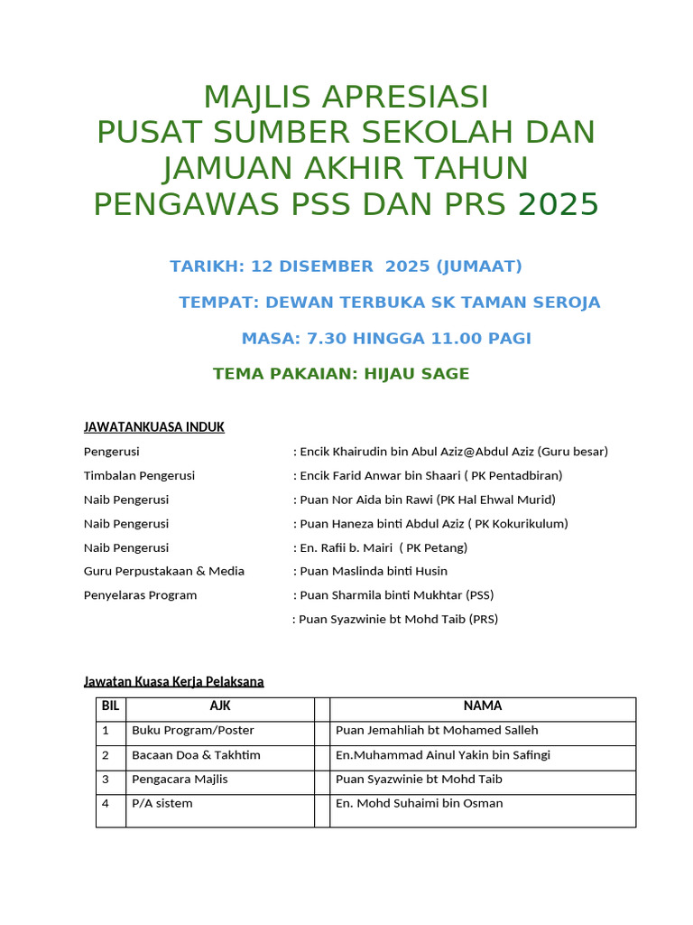 Ajk Pelaksana Hari Apresiasi Dan Jamuan Pss 2025 | PDF