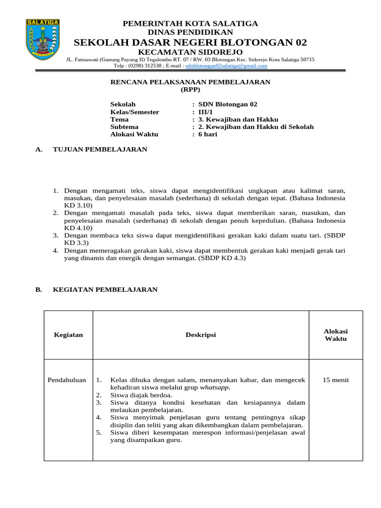 RPP Kelas 3 Tema 4 Sub 2 blot 02 | PDF