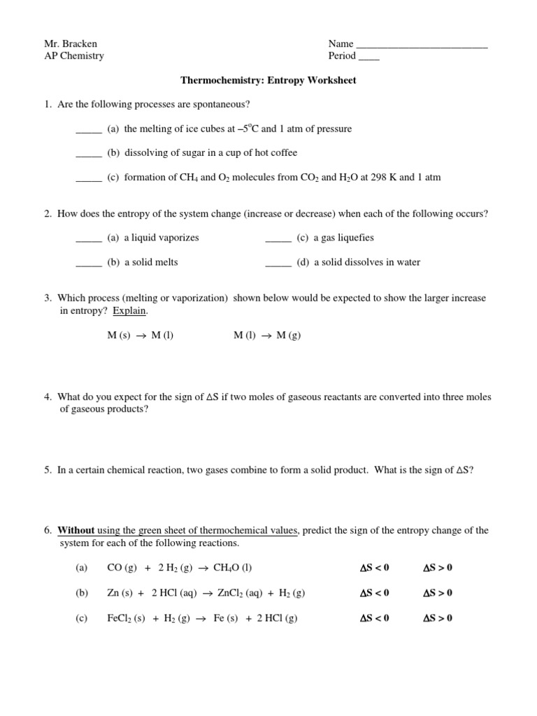 Thermochemistry Worksheet