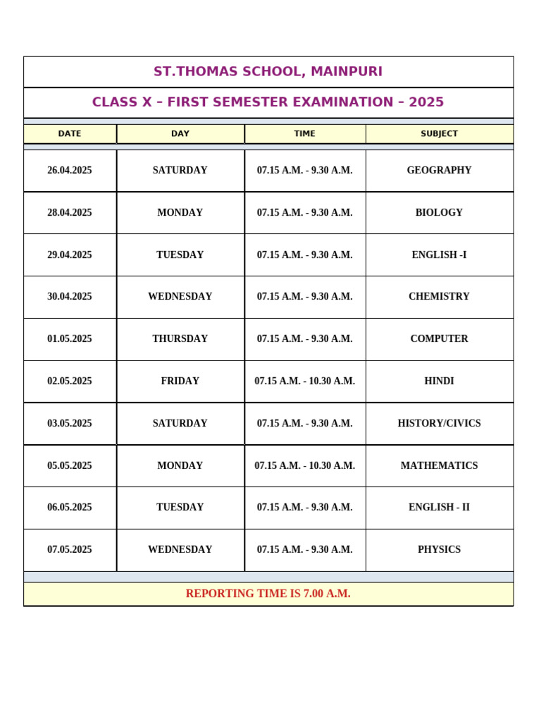 X - First Semester Time Table | PDF
