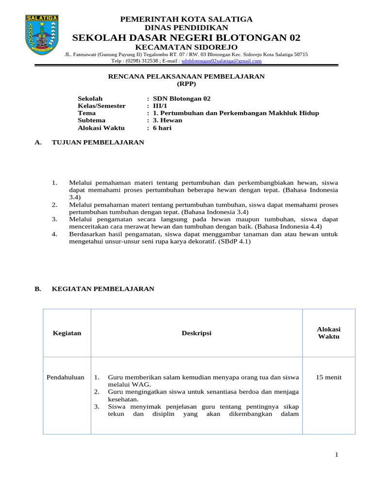 RPP Kelas 3 Tema I Sub Tema 3 Blotongan | PDF