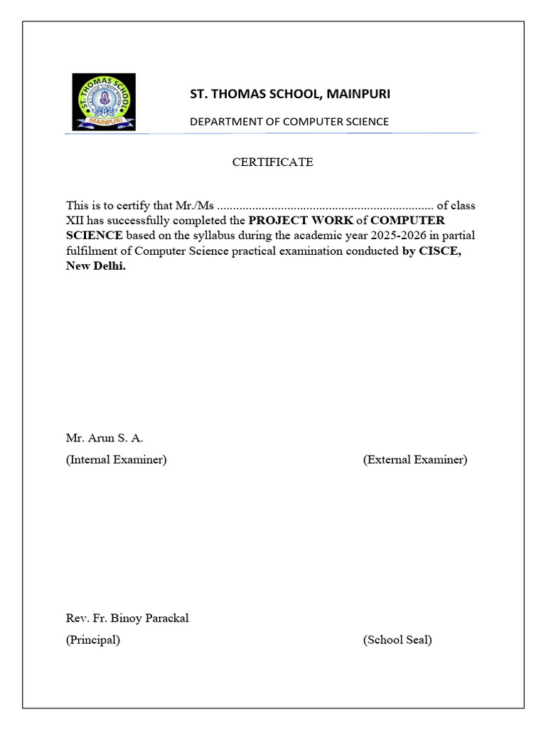 Computer Science Project Certificate | PDF