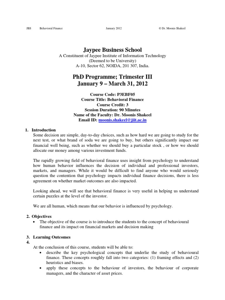 Behavioral Finance Course Outline PHD 2012 | PDF | Behavioral Economics ...