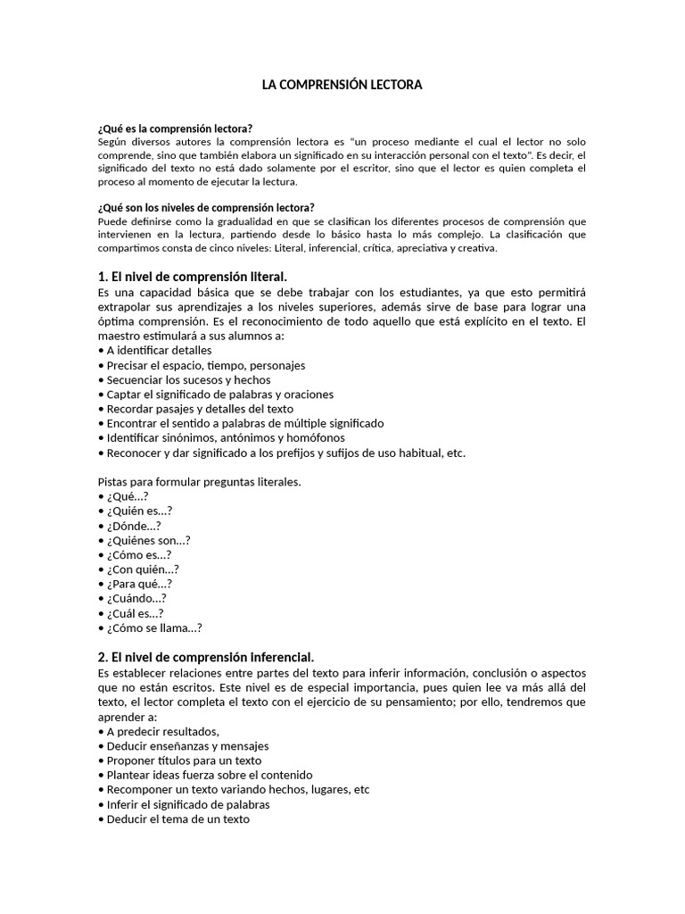 Niveles de Comprensión Lectora Explicados | PDF | Comprensión lectora ...