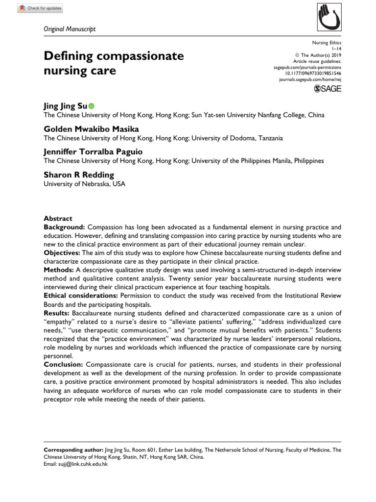 Jing 2019 Defining Compassionate Nursing Care | PDF | Compassion | Empathy