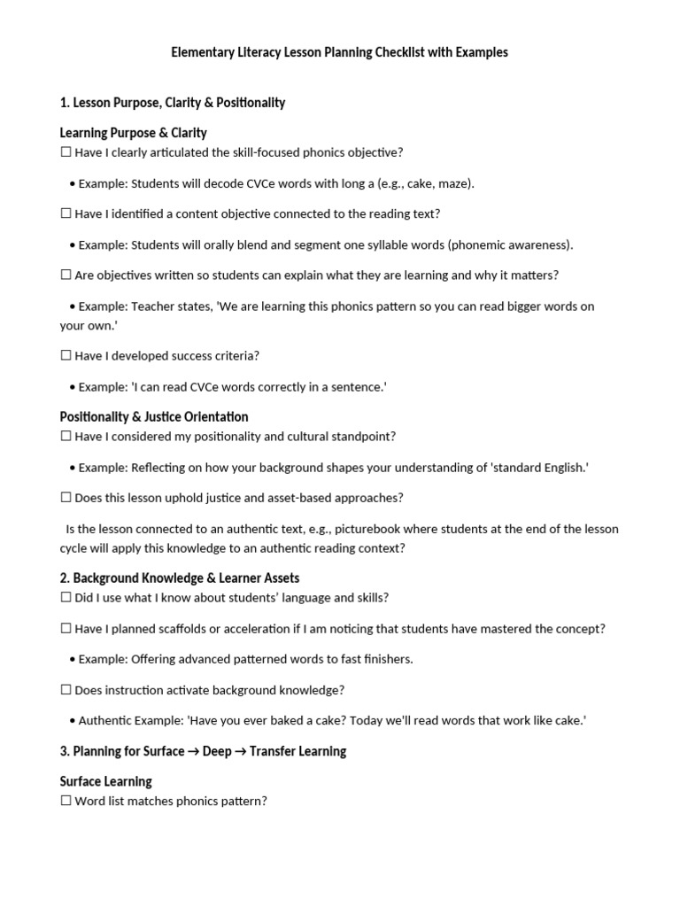 Literacy Lesson Planning Checklist With Examples | PDF | Phonics | Learning