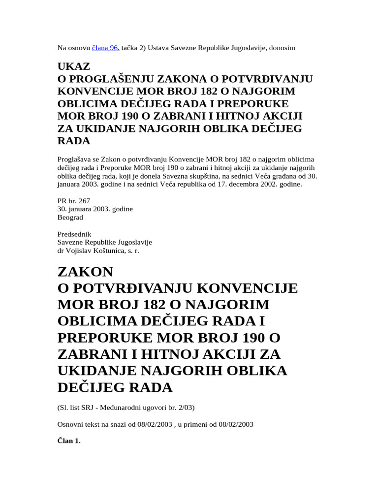 MOR 182 Konvencija o Najgorim Oblicima Decijeg Rada, 1999 | PDF