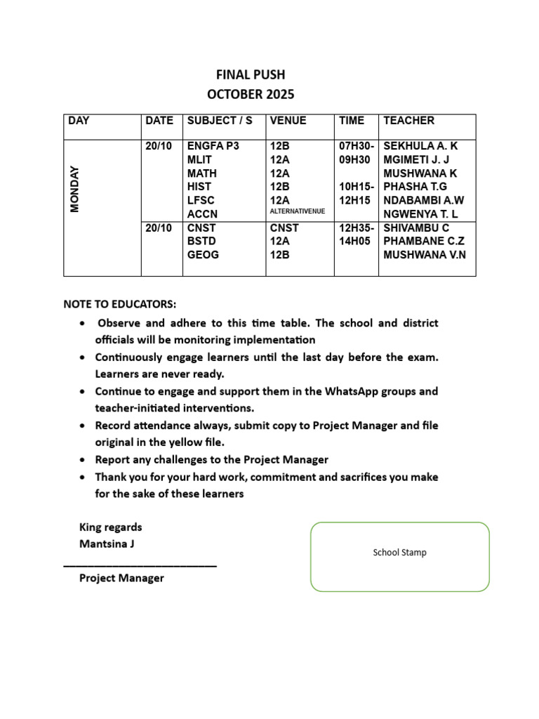 Week 1 Time Table Final Push 2025 | PDF