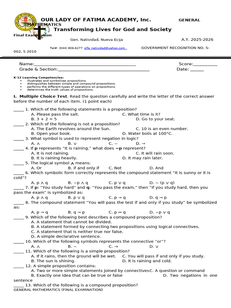 General Mathematics G11 Final | PDF | If And Only If | Proposition