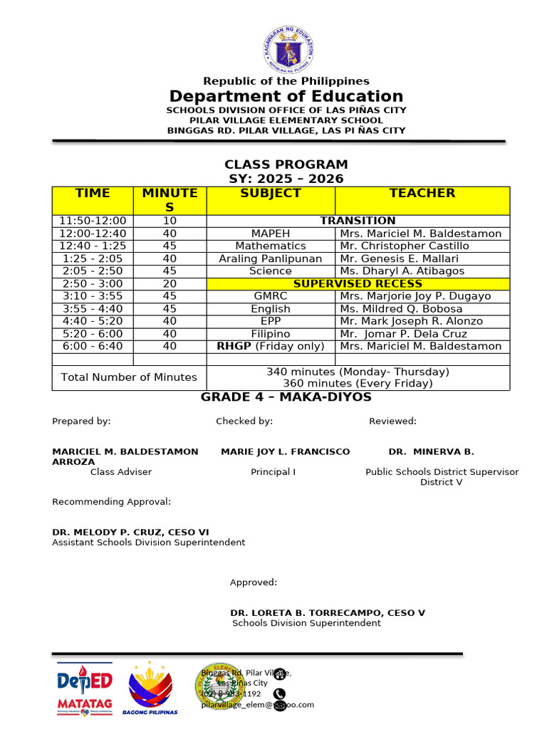 Grade 4 Class Program SY 2025-2026 | PDF | Asia | Southeast Asia