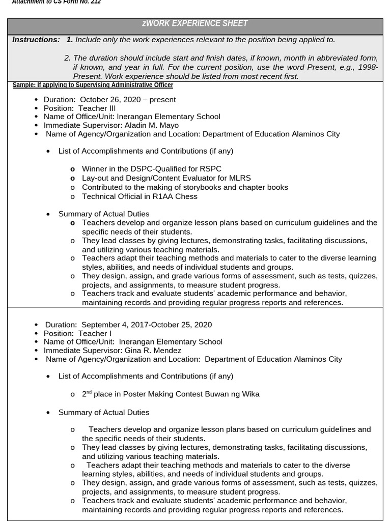 CS Form No. 212 Attachment Work Experience Sheet | PDF | Teachers ...