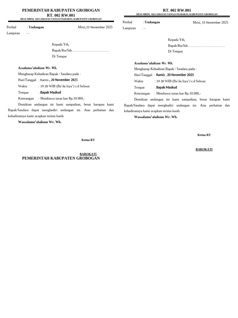 Undangan RT 02 RW 01 Mrisi | PDF