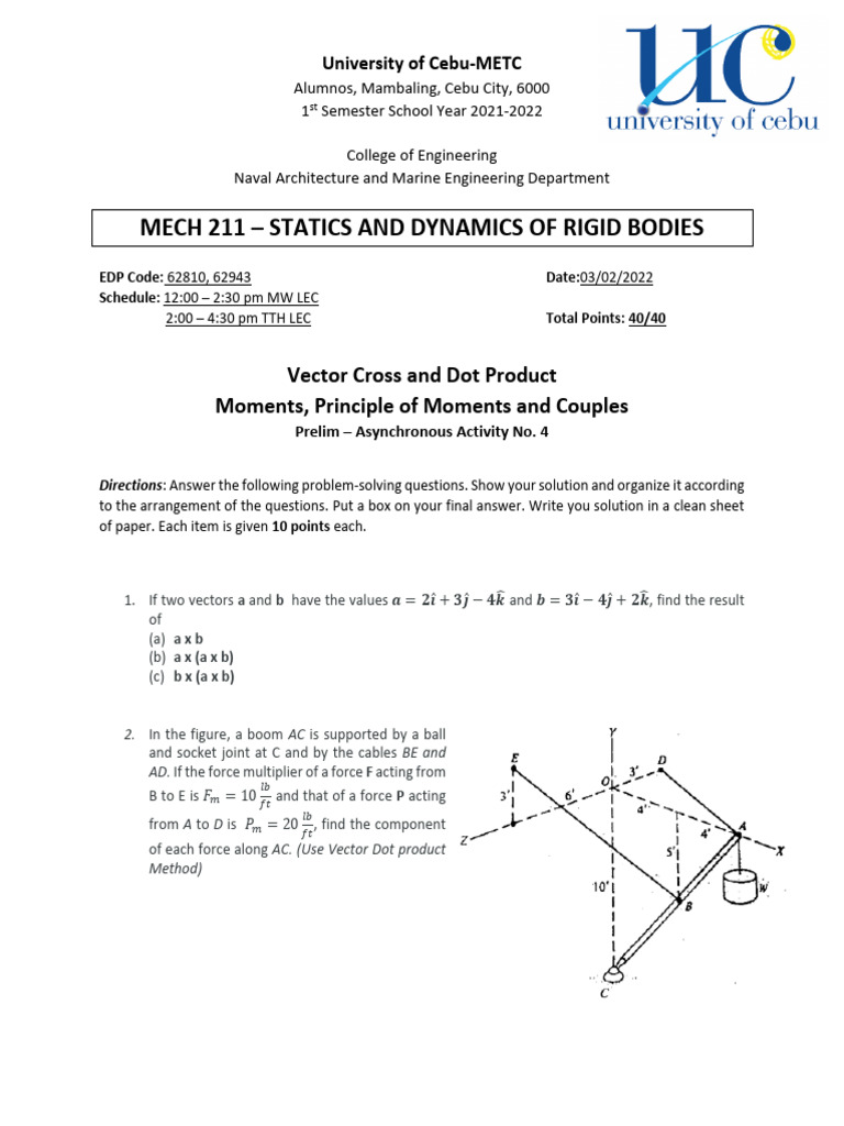 MECH211 - Prelim Activity No. 4 (Vector Products and Moments and ...