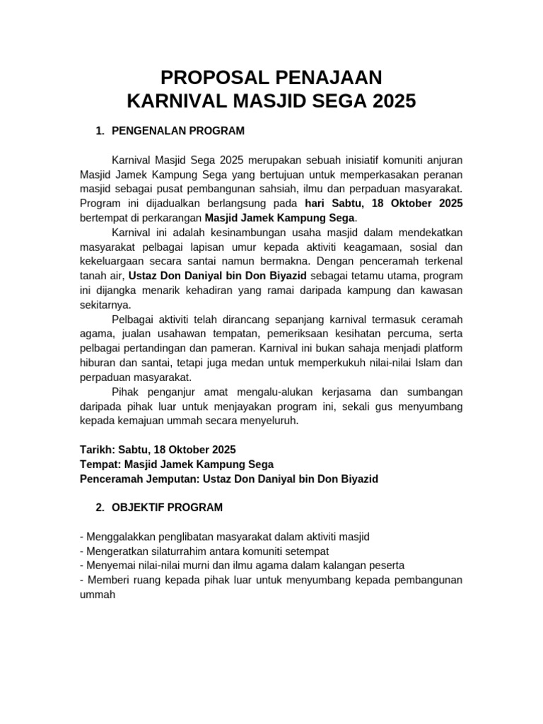 Proposal Penajaan Karnival Masjid Sega 2025 | PDF