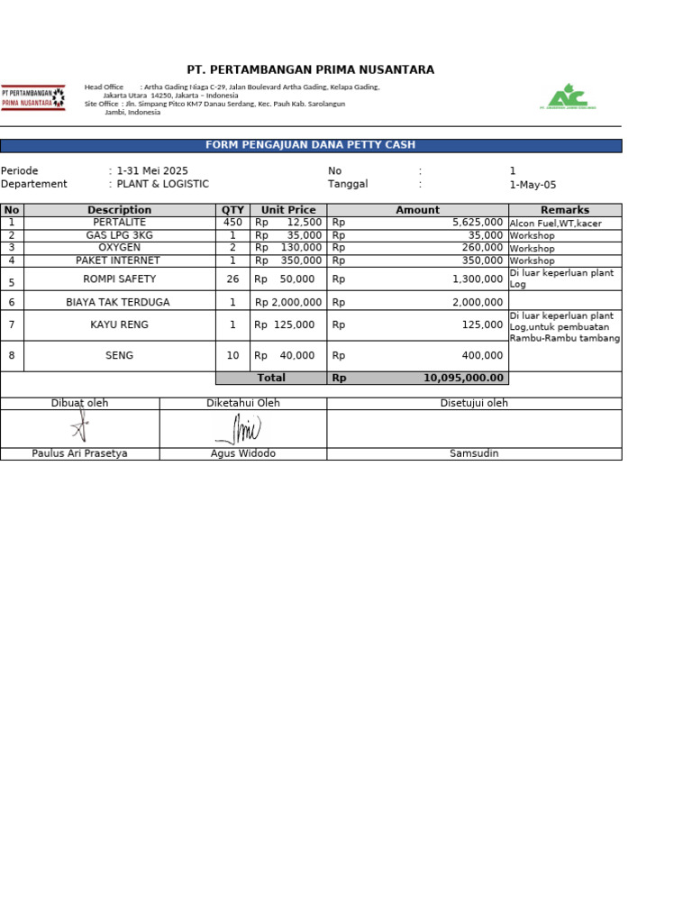 Formulir Pengajuan Dana Petty Cash | PDF