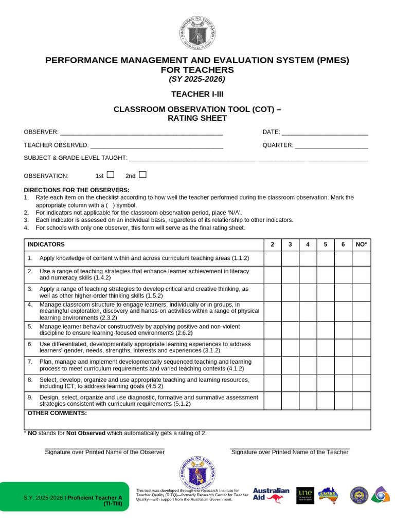 Annex E-2 - COT Rating Sheet For Beginning Towards Proficient Teacher ...