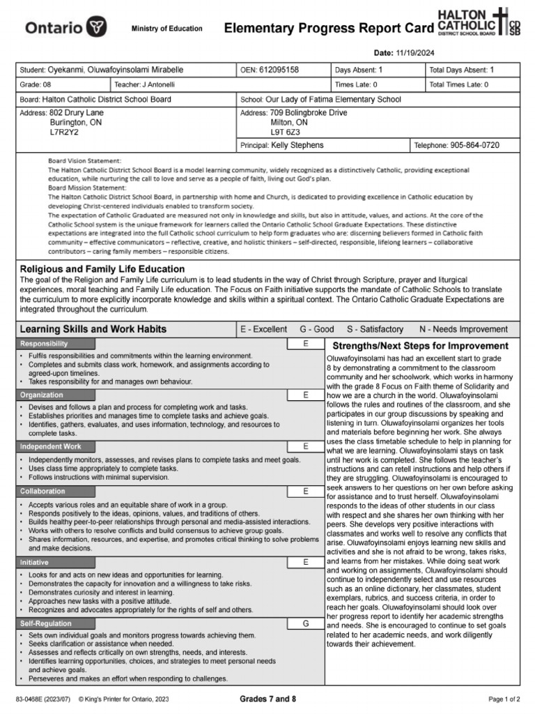 Foyin 8th Grade Report Card | PDF