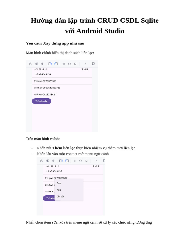 Hướng Dẫn Lập Trình CRUD CSDL Sqlite Với Android Studio | PDF