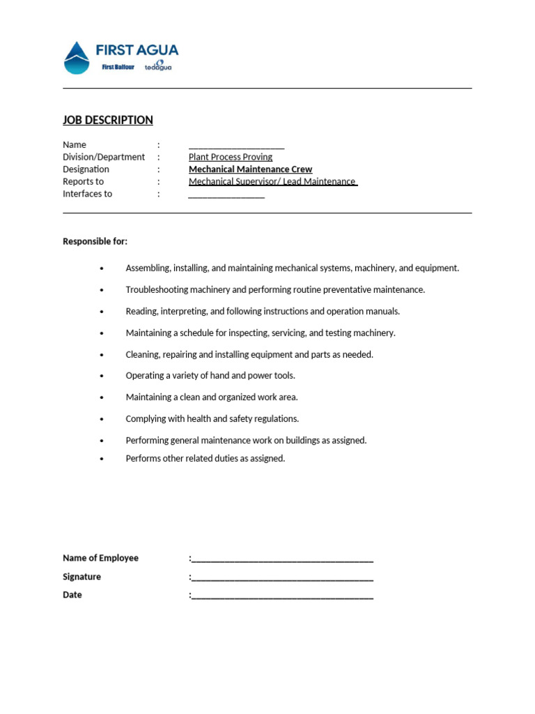 Mechanical Maintenance Crew Job Description | PDF