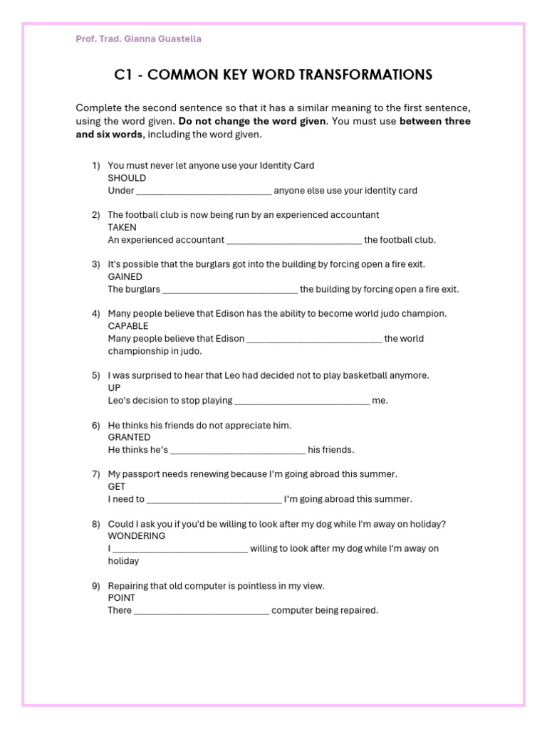 Key Word Transformations Exercises | PDF