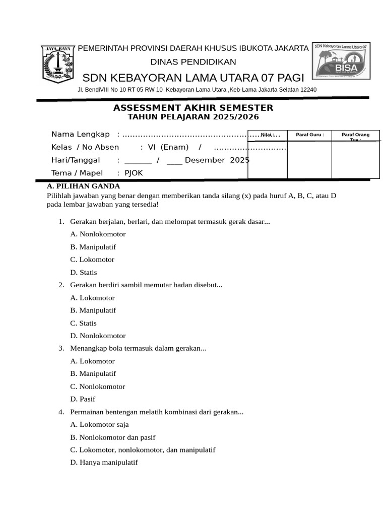 Soal Penilaian PJOK Kelas VI 2025/2026 | PDF