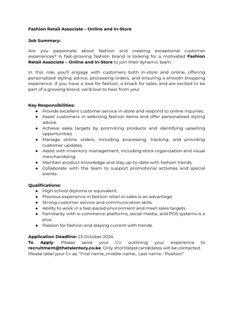 Fashion Retail Online and In-Store Sales Person | PDF