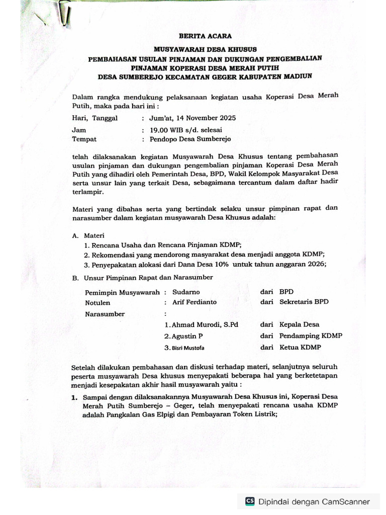 Berita Acara Musdesus Koprasi Desa Sumberejo | PDF