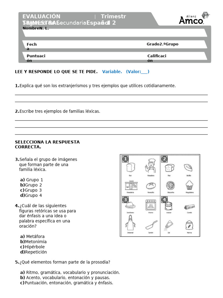Examen Español 2° Primer Trim. 23-24 Secundaria | PDF | Puntuación | Léxico