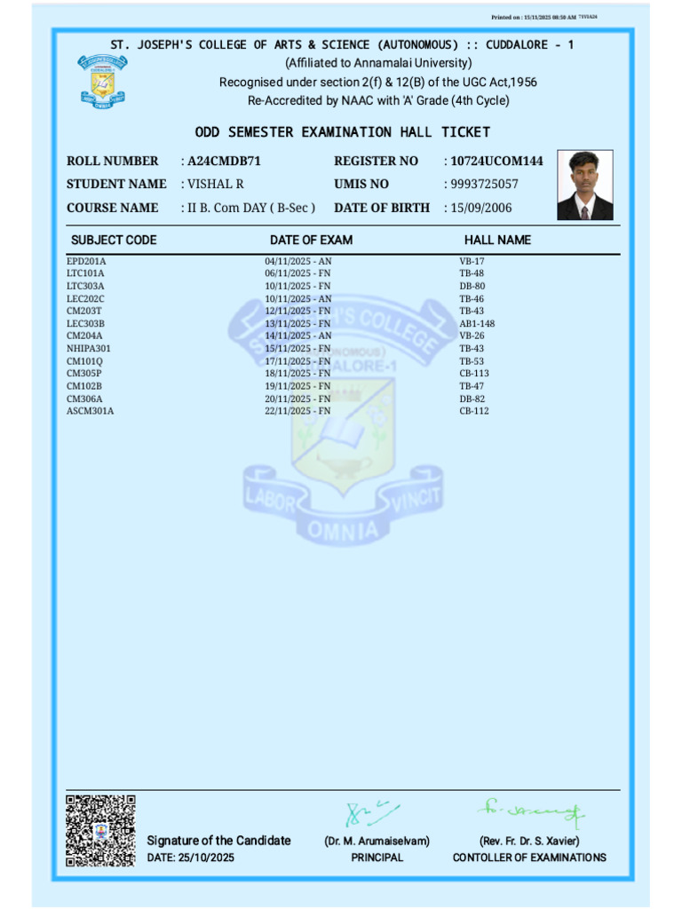 Examination Hall Ticket | PDF