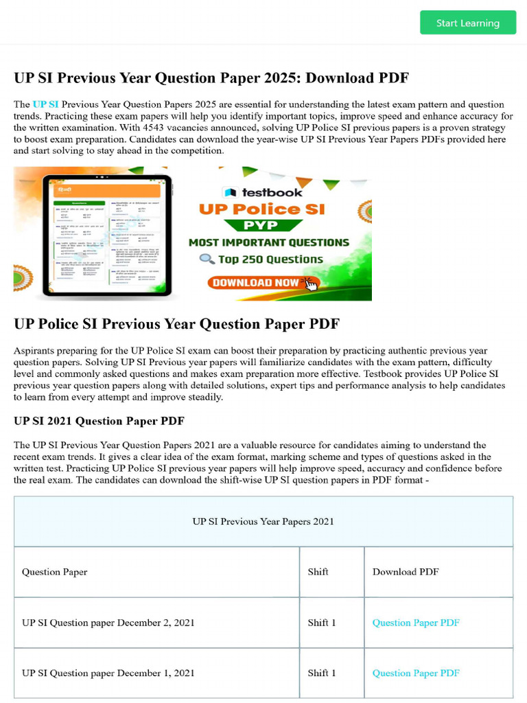 UP SI Previous Year Question Paper 2025 - Download PDF | PDF