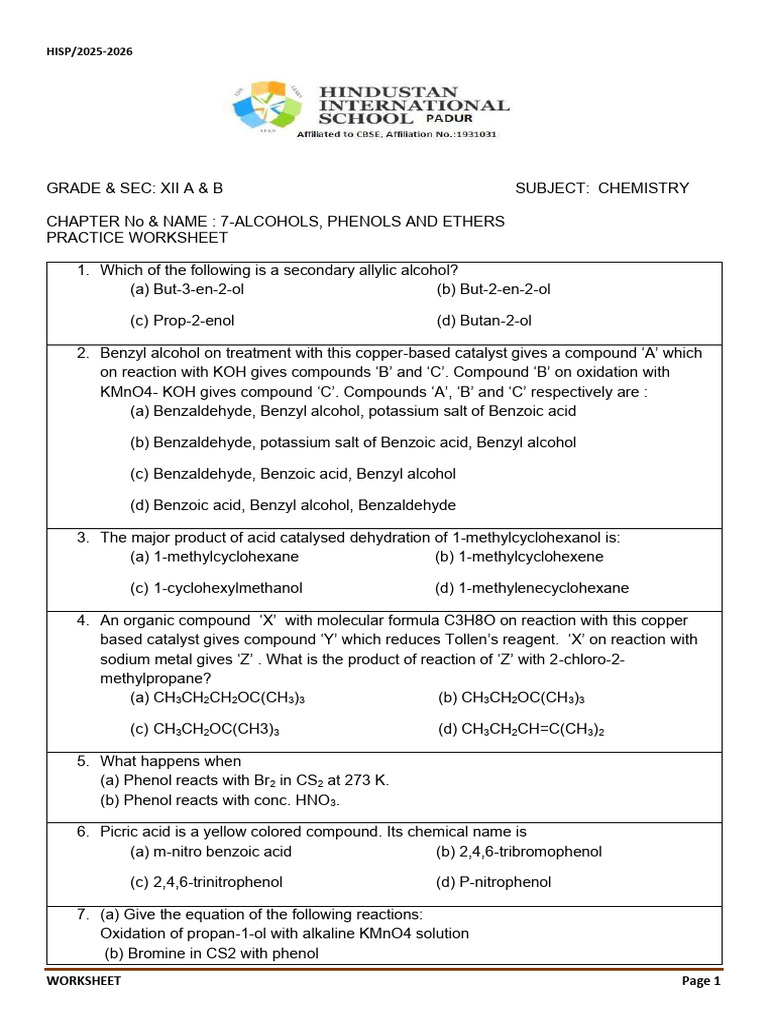 GR 12 CH - 7 Alcohols, Phenols and Ethers - Revision Worksheet | PDF ...