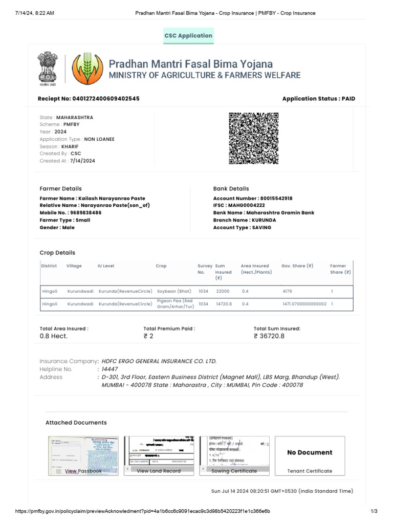 Pradhan Mantri Fasal Bima Yojana - Crop Insurance - PMFBY - Crop Insurance | PDF