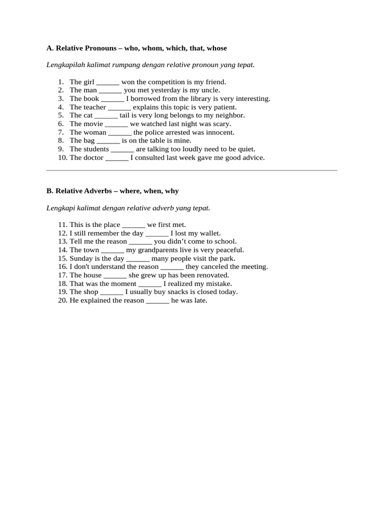 Soal Relative Pronoun Dan Relative Adverb | PDF