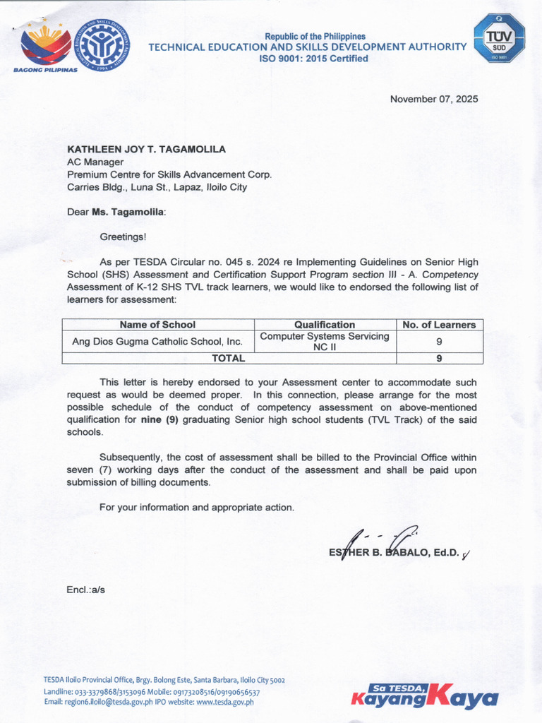 Letter For Request For The Conduct of Competency Assessment (Ang Dios ...
