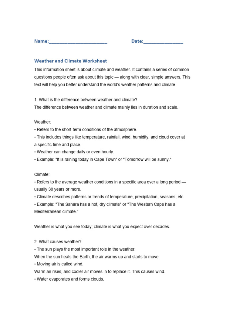 Weather and Climate Worksheet | PDF | Rain | Climate