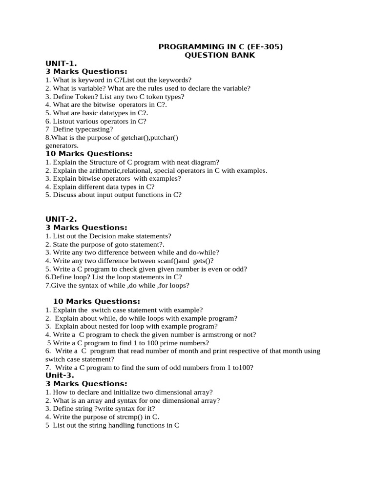 PROGRAMMING IN C QUESTION BANk | PDF | Computer Program | Programming