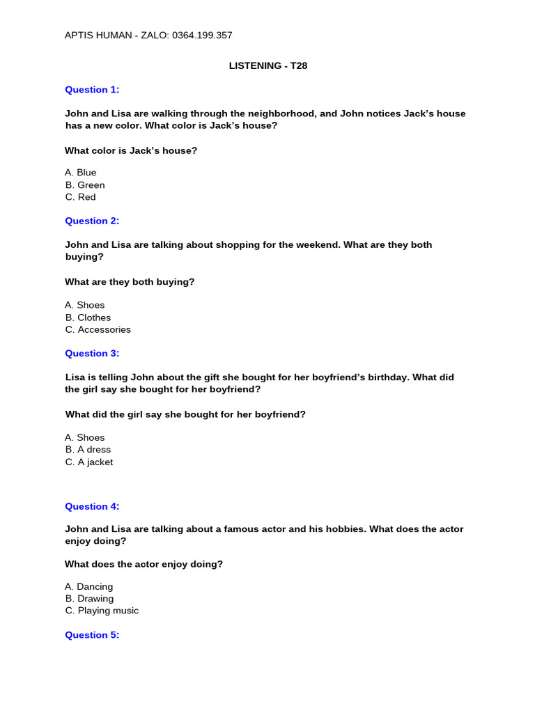 APTIS Listening Practice Questions | PDF