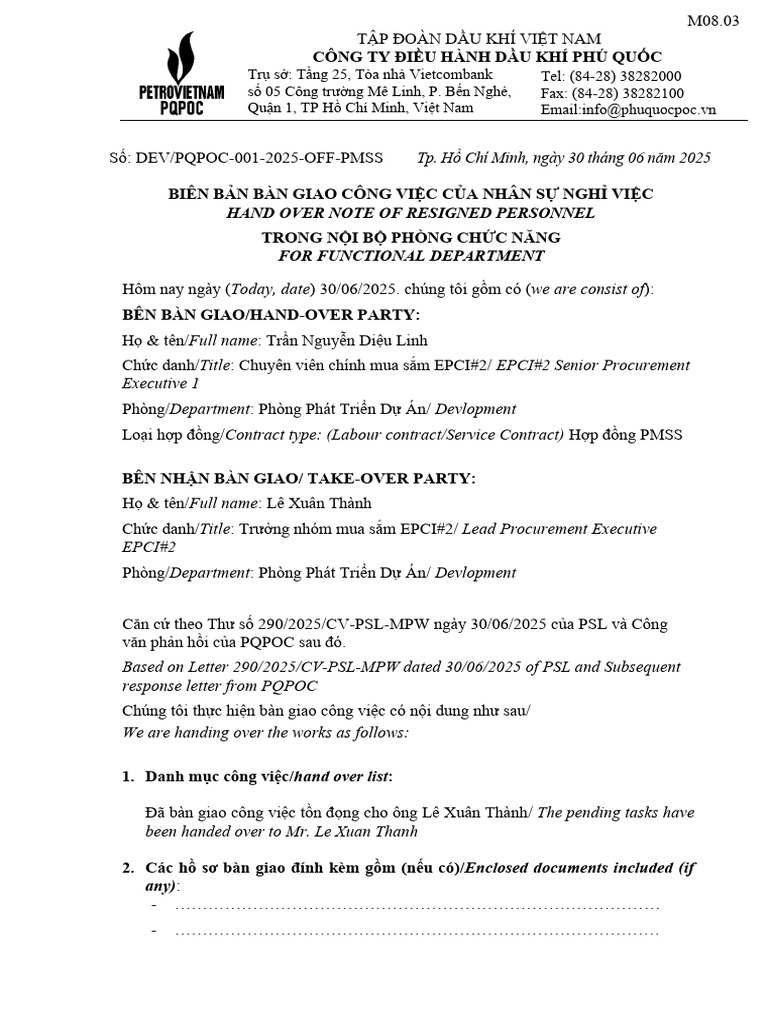 BB Ban Giao - Hand-Over Note - LinhTND - PSL | PDF