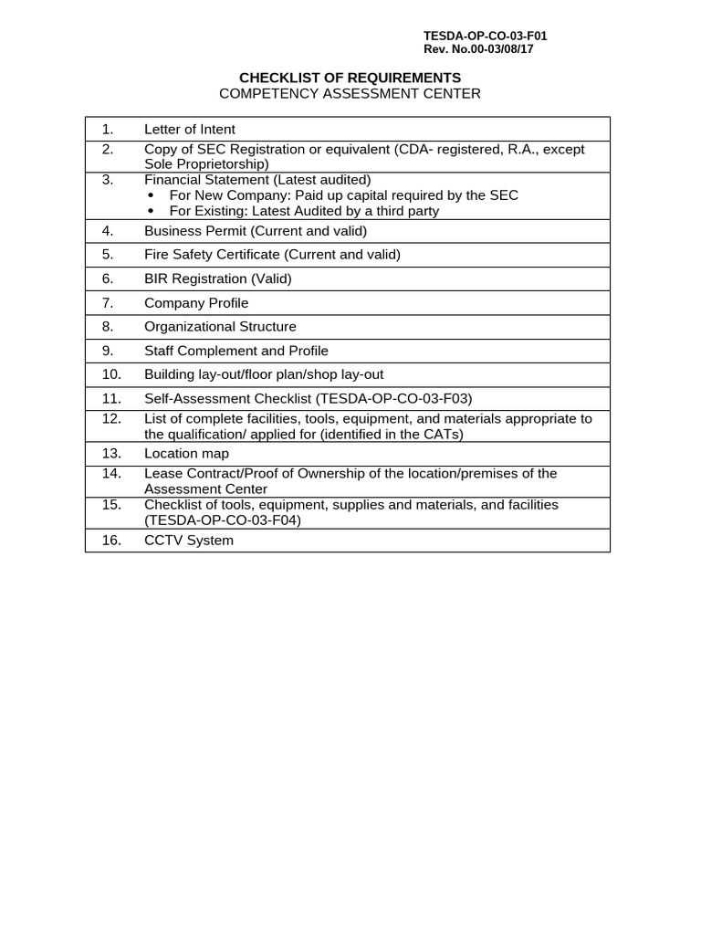 TESDA Assessment Center Requirements Checklist | PDF | Personal ...