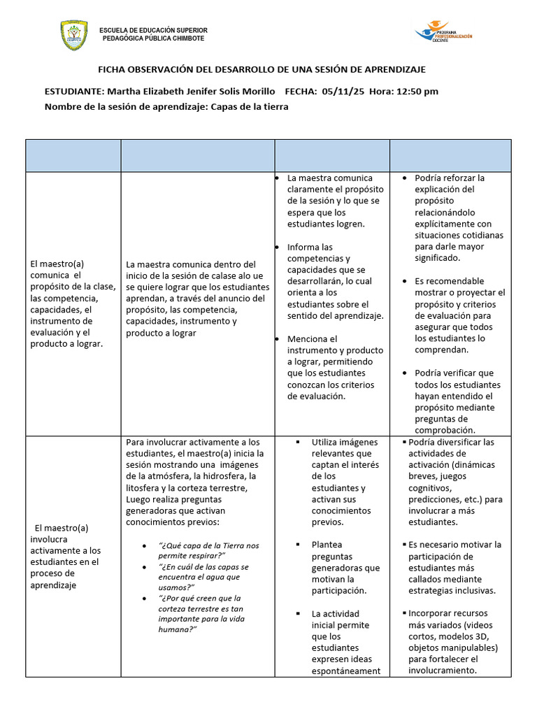 Ficha de Observación de Una Sa - Martha Solis | PDF | Aprendizaje ...