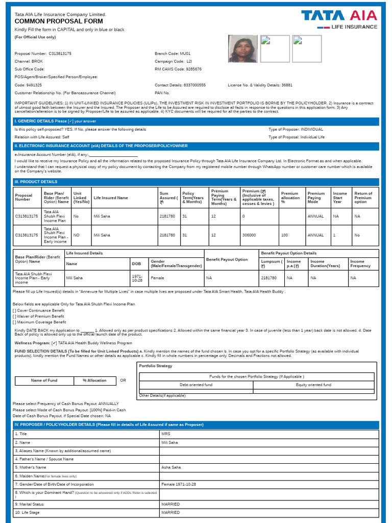 Tata AIA Life Insurance Proposal Form | PDF | Insurance | Life Insurance