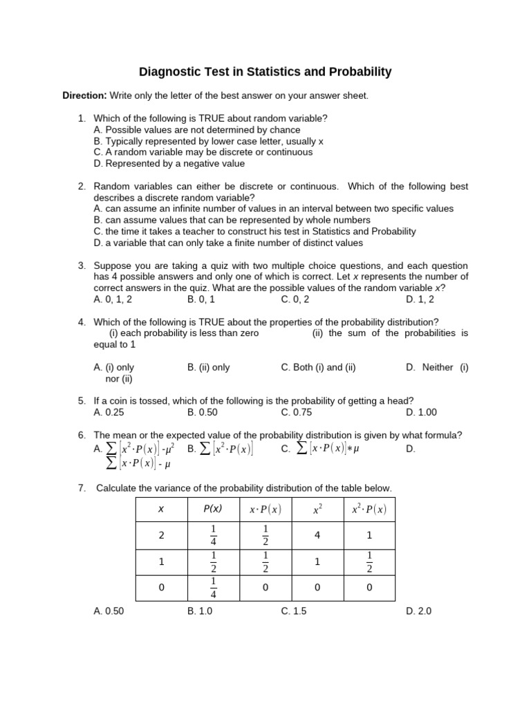 Statistics and Probability Diagnostic Test | PDF | Standard Error ...