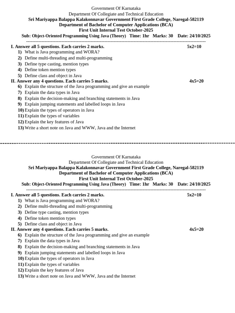 3rd Sem Test QP Java Program 30M-1 | PDF | Java (Programming Language ...