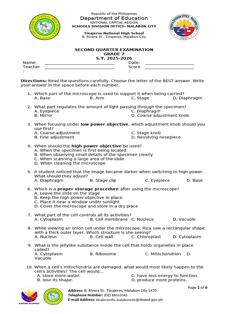 Grade 7 Second Quarter Exam: Science | PDF | Reproduction | Cell (Biology)