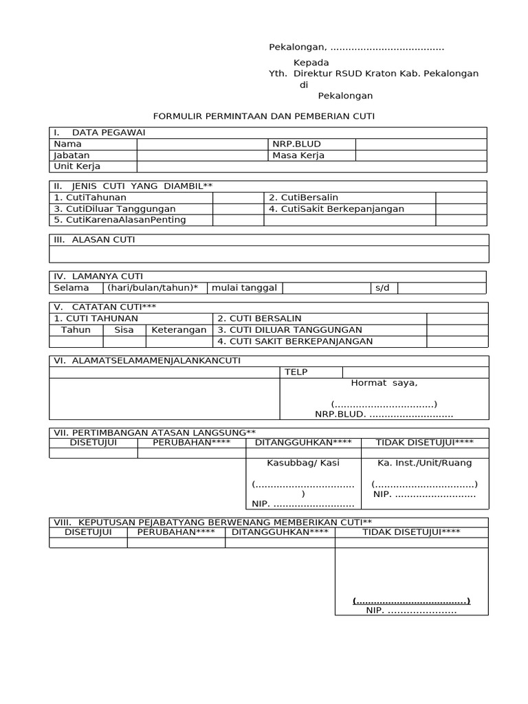 Blanko Cuti Non Pns Perka BKN Th. 2017 | PDF