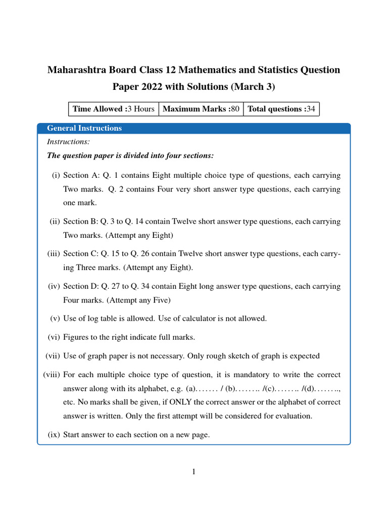Maharashtra Board Class 12 Mathematics and Statistics Question Paper ...